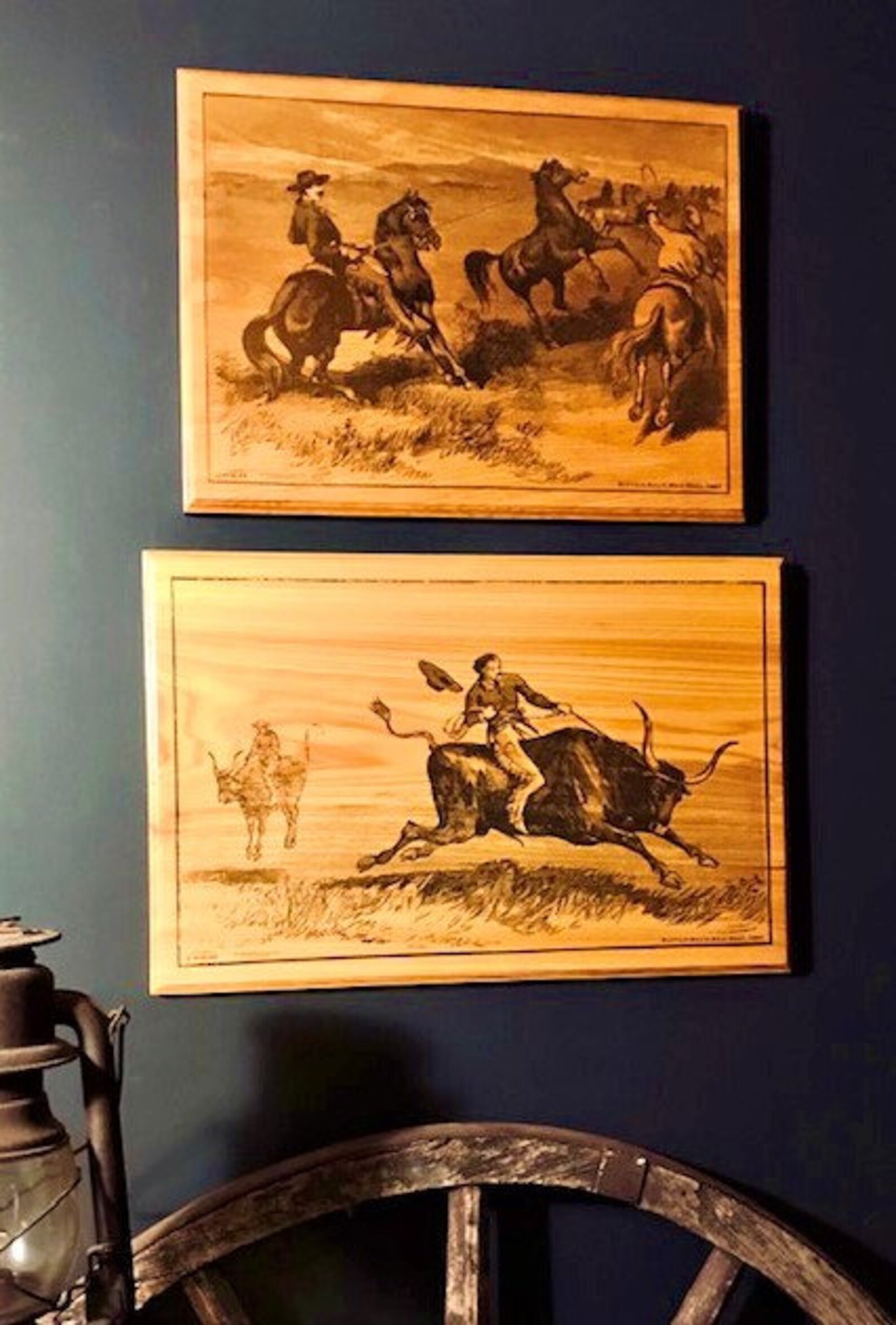 WESTERN Wall Decor on Wood. High Quality HAND-PRINTED Set of Buffalo ...