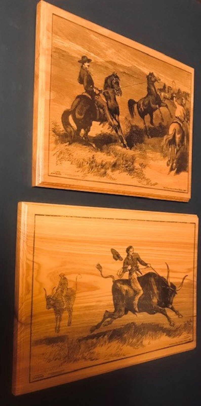 WESTERN Wall Decor on Wood. High Quality HAND-PRINTED Set of Buffalo ...