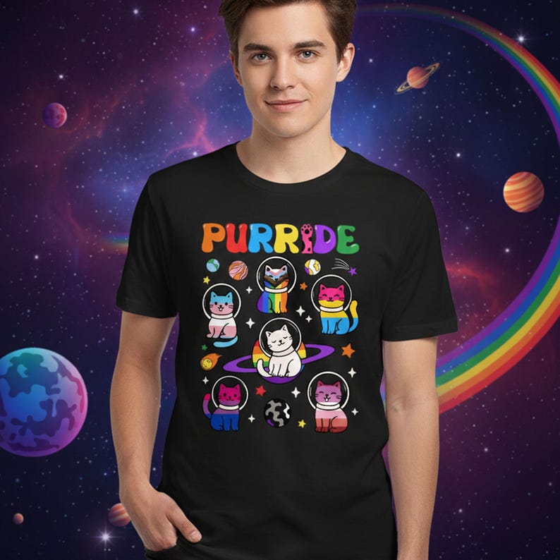 Purride Cat Shirt – Cute Pride Cats Space Tee, LGBTQ Rainbow Cat Shirt ...