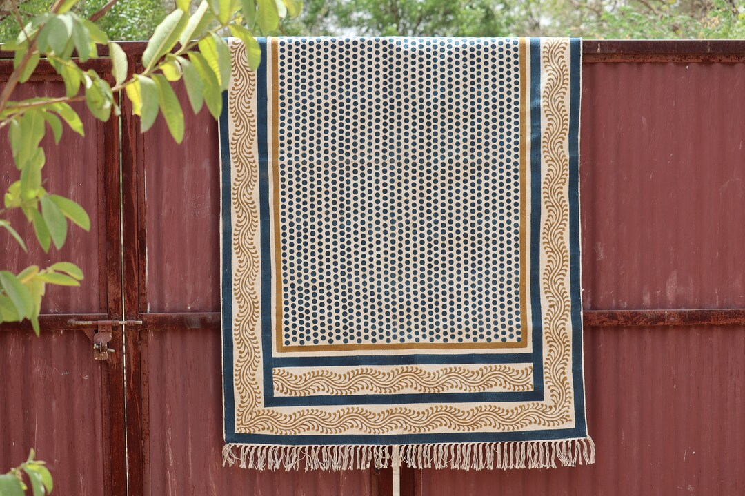 Hand Block Printed Cotton Dhurrie Rug: Moroccan Boho 8x10 Area Carpet ...