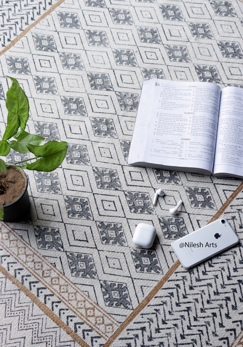 6x9 Ft Moroccan Rug, Geometric Block Print Cotton Dhurrie, Handmade ...