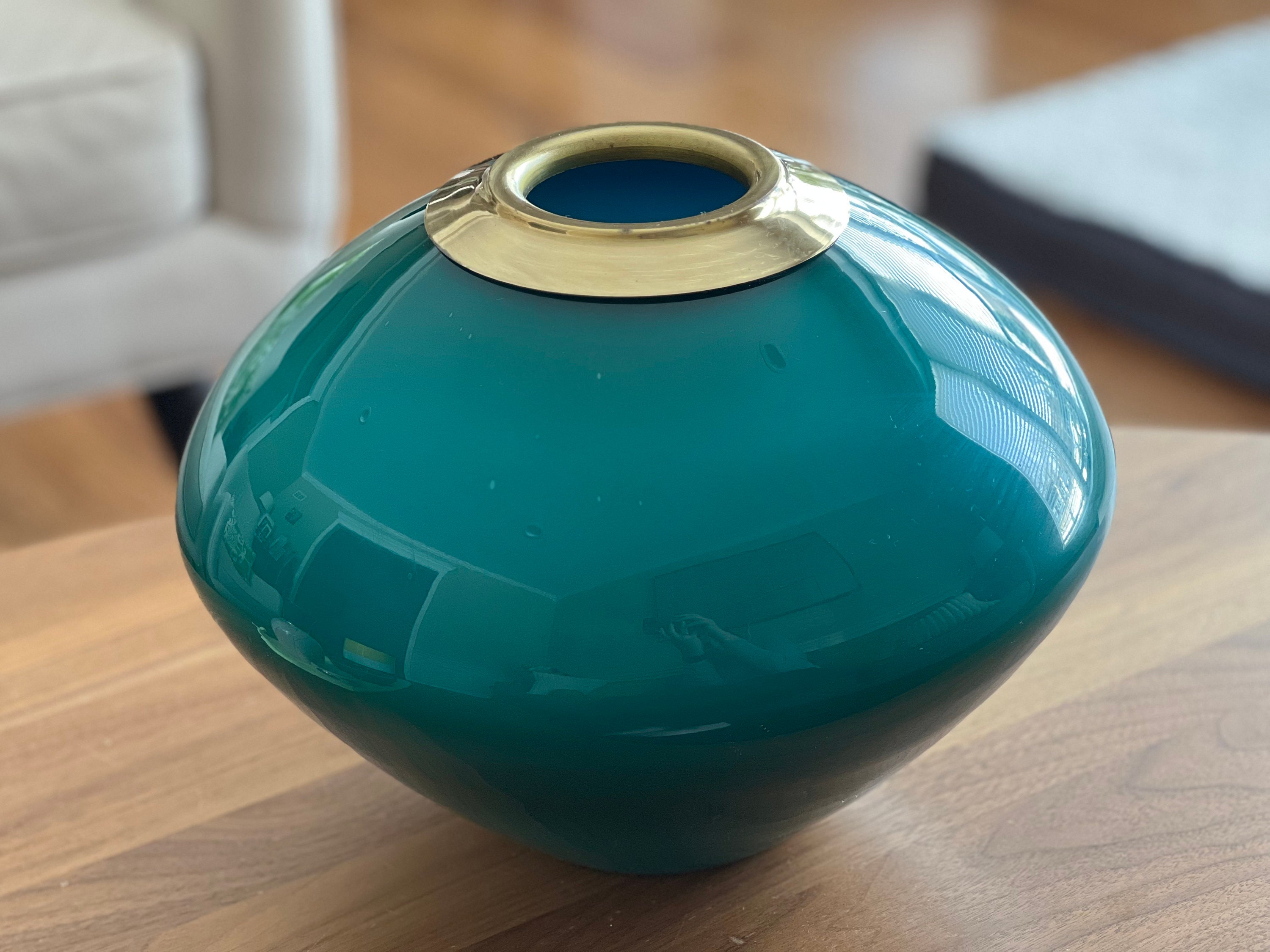 Teal Blue Ceramic Vase With Gold Accent - Etsy