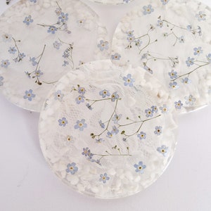 Pressed Forget Me Not Flowers Coaster, White Lace Coaster, Epoxy Art ...
