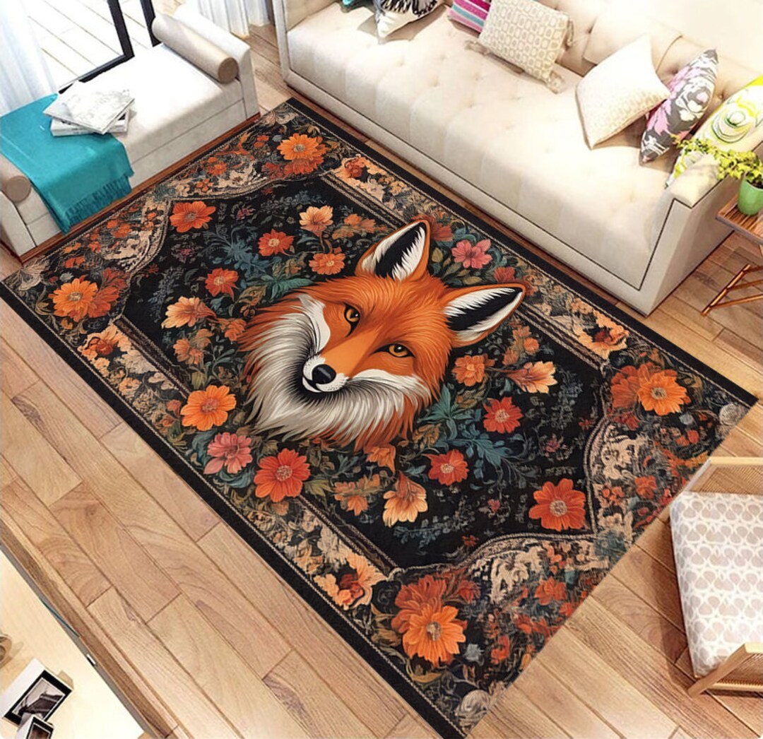 AI Model, Red Fox, Ethnic, Floral Rug, Authentic, Retro, Indian, Pile ...
