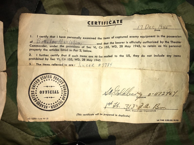 WWII American Capture Paper Certificate - Sec VI, Cir 155, WD 28 May ...