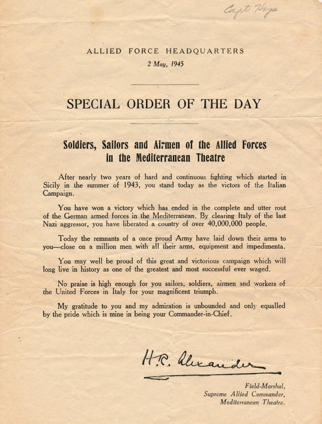 WWII Letter H R Alexander's Victory Message - Special Order of the Day ...