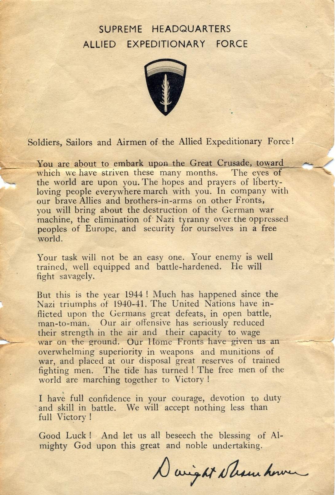 WWII American USA Letter Eisenhower's D-day Message - Order of the Day ...