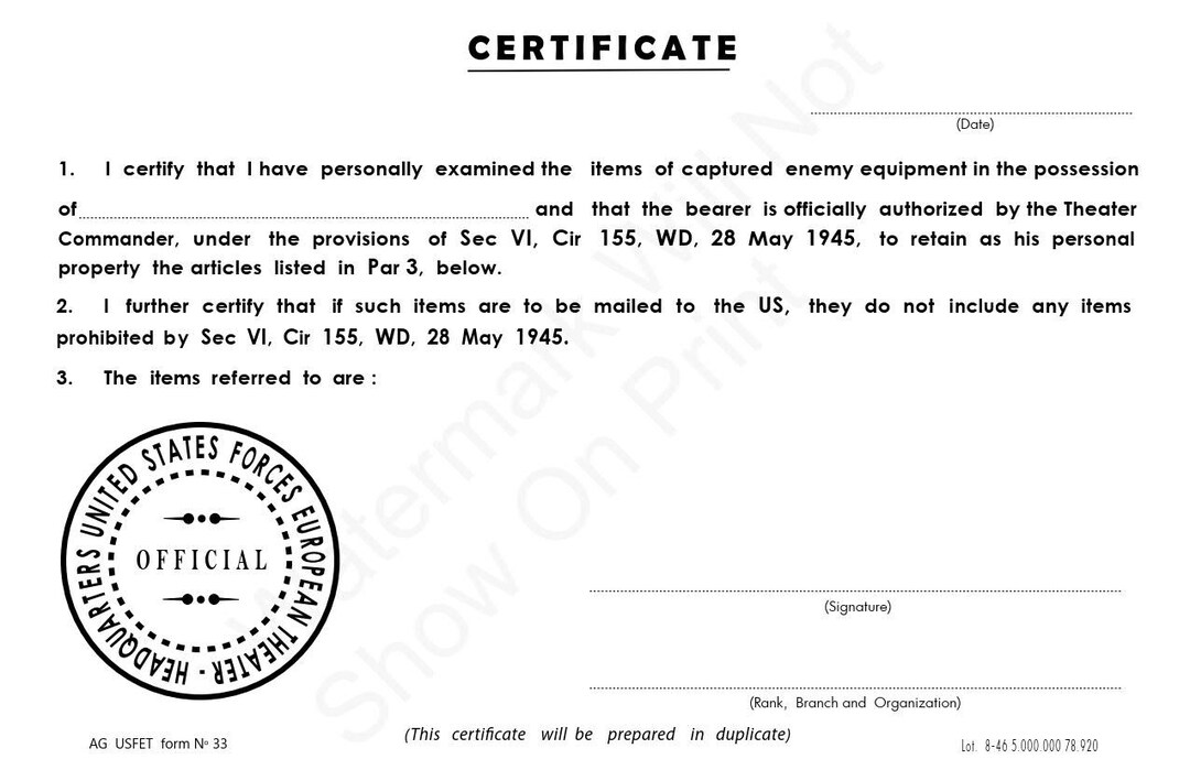WWII American Capture Paper Certificate - Sec VI, Cir 155, WD 28 May ...