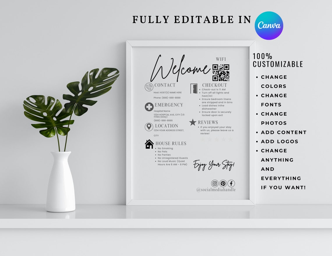 Airbnb Welcome Sign Printable Editable Template, VRBO Vacation Rental ...