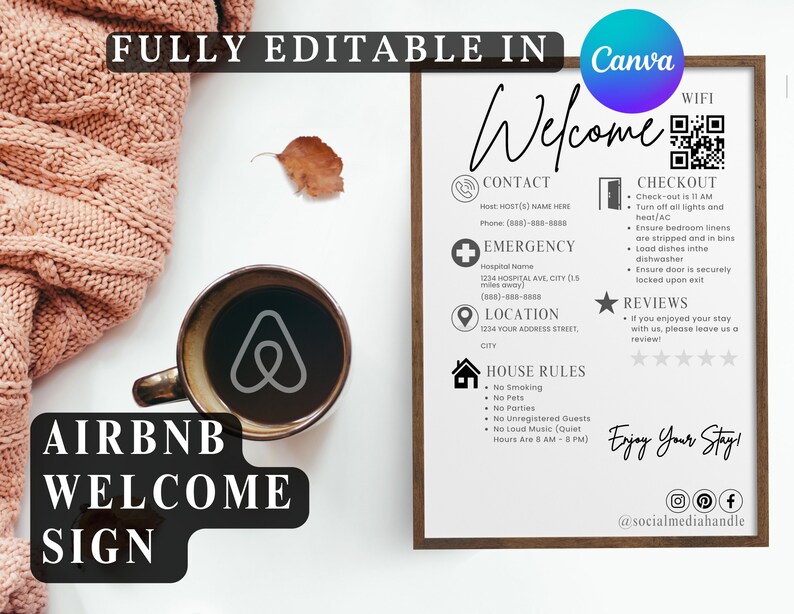 Airbnb Welcome Sign Printable Editable Template, VRBO Vacation Rental ...