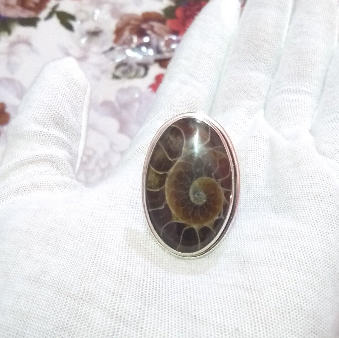 925 Sterling Silver Ring, Ammonite Fossil Gemstone, Women's Statement ...
