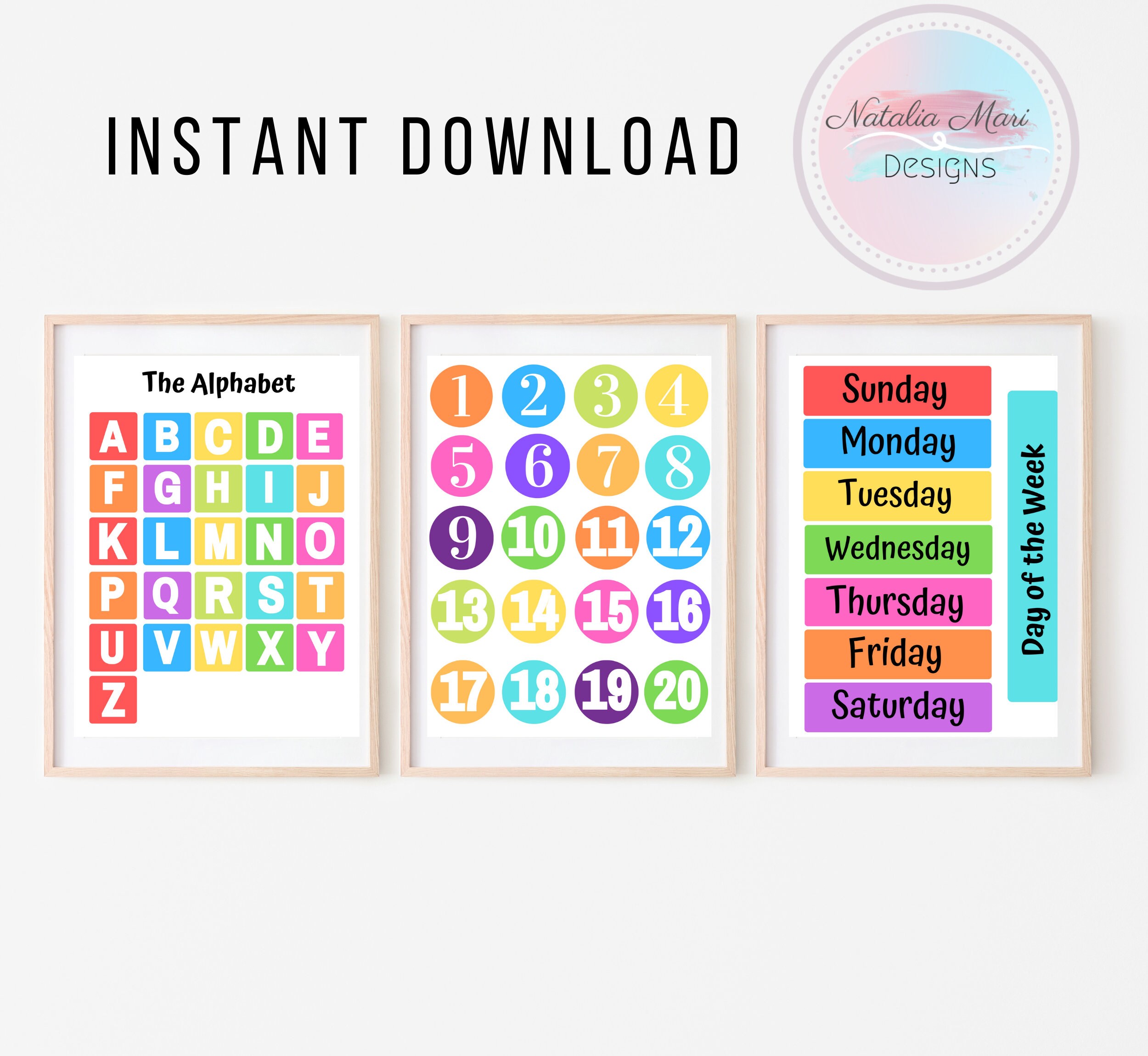Educational Posters set of 3 Alphabet Numbers 1-20 Days - Etsy