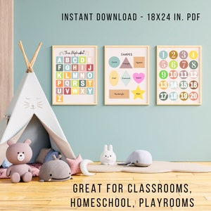 Educational Posters set of 3, Alphabet, Numbers 1-20, Basic Shapes, for ...