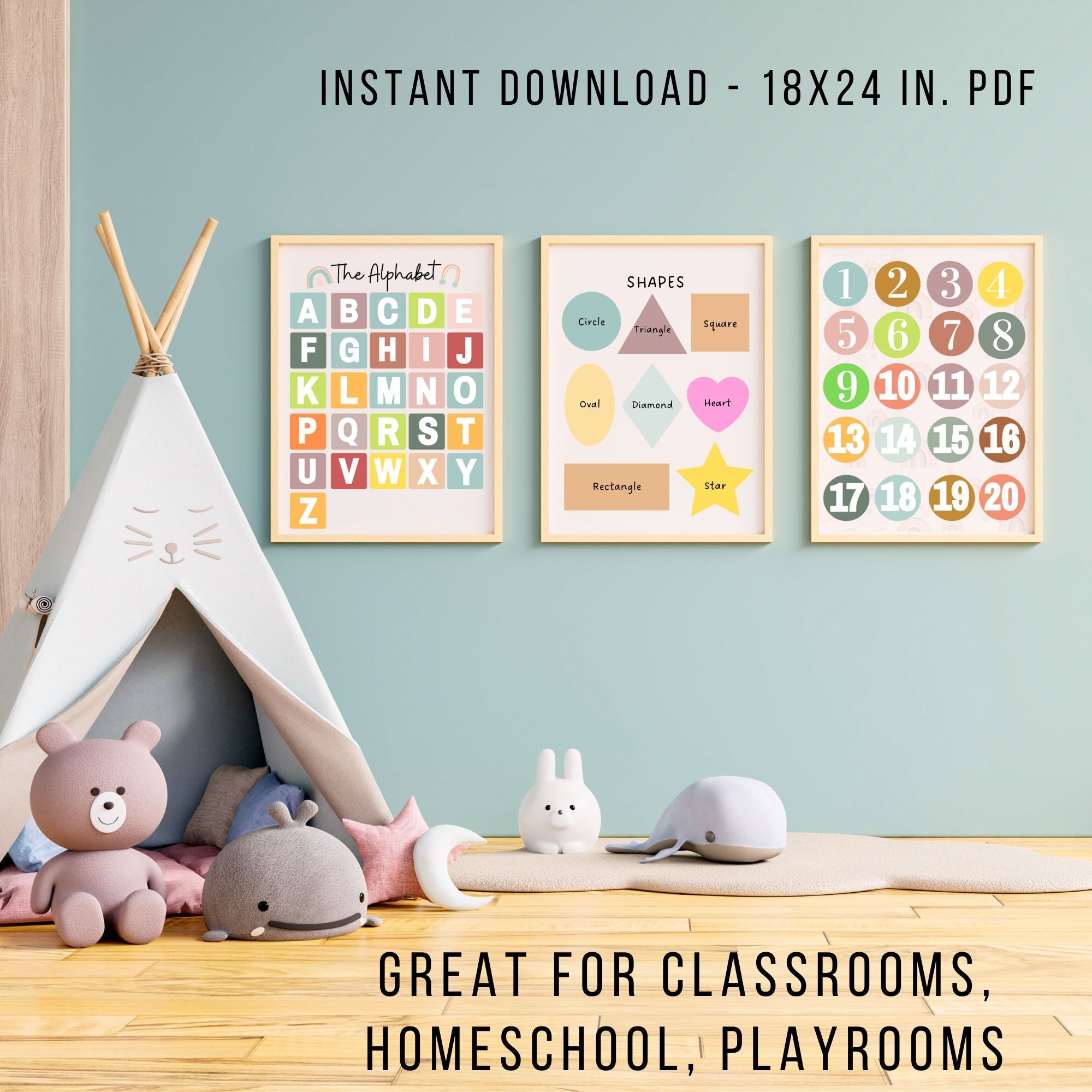 Educational Posters set of 3, Alphabet, Numbers 1-20, Basic Shapes, for ...
