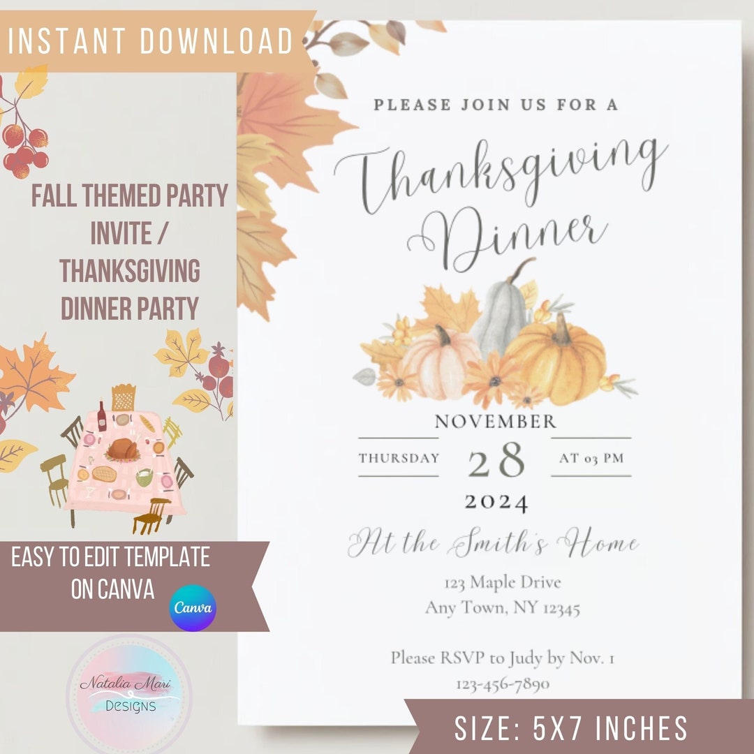 Elegant Thanksgiving Dinner Invite Template, Pumpkins, Fall Leaves ...