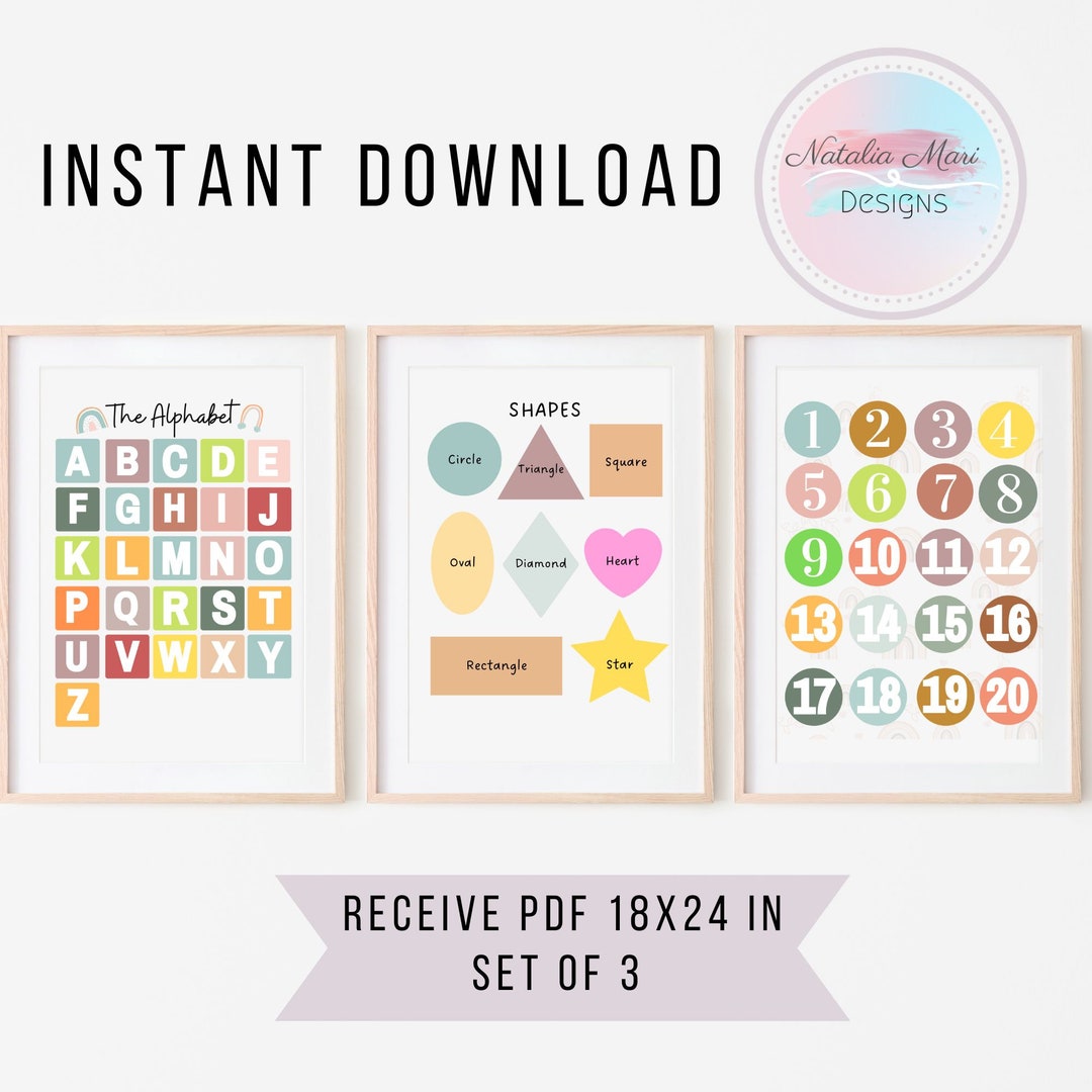 Educational Posters set of 3, Alphabet, Numbers 1-20, Basic Shapes, for ...