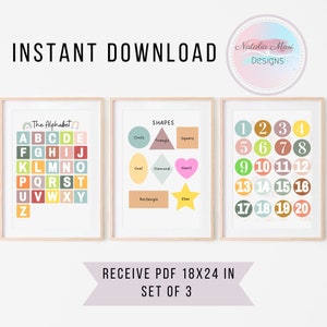 Educational Posters set of 3, Alphabet, Numbers 1-20, Basic Shapes, for ...