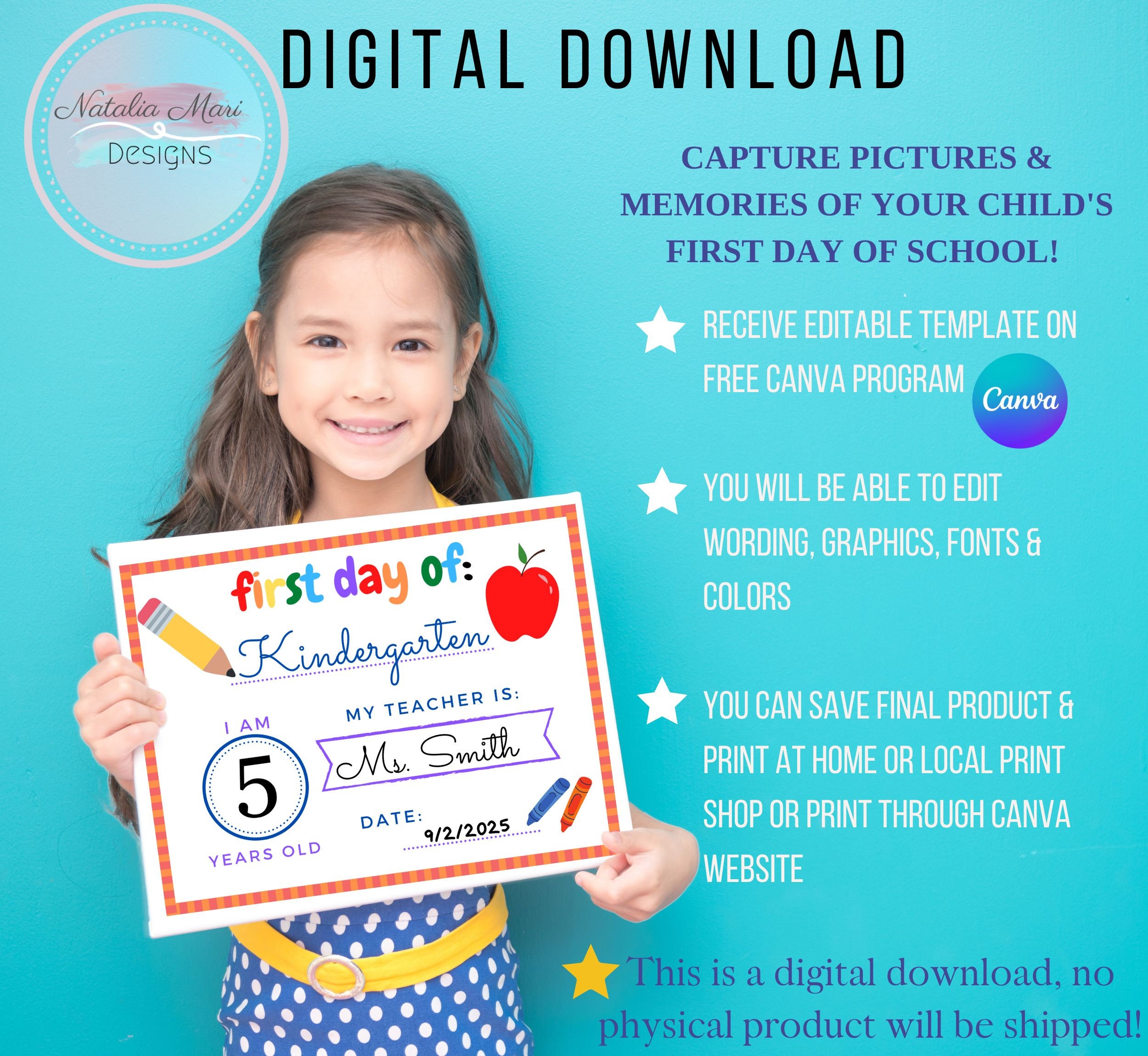 First Day of School Editable Template on Canva, Colorful, Grade School ...