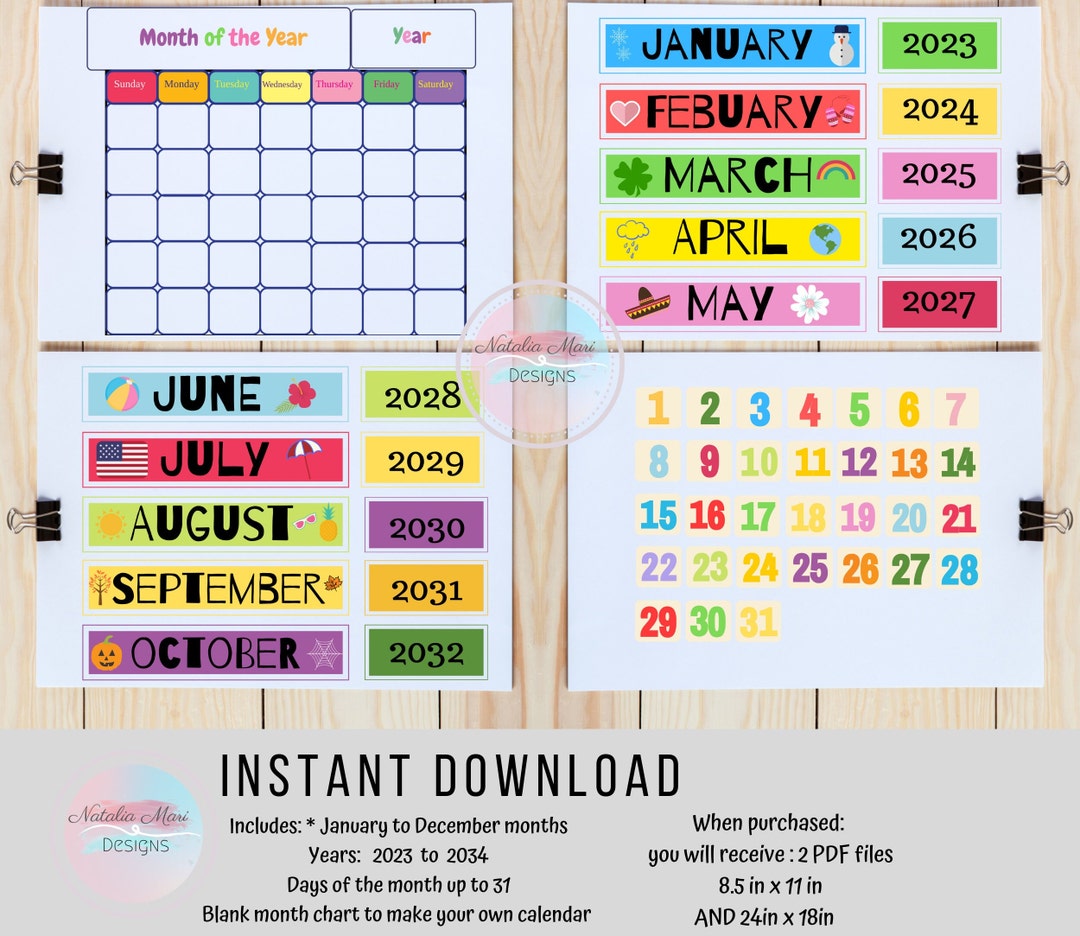 Calendar for Learning Boards, Months, Years, Days of the Week ...