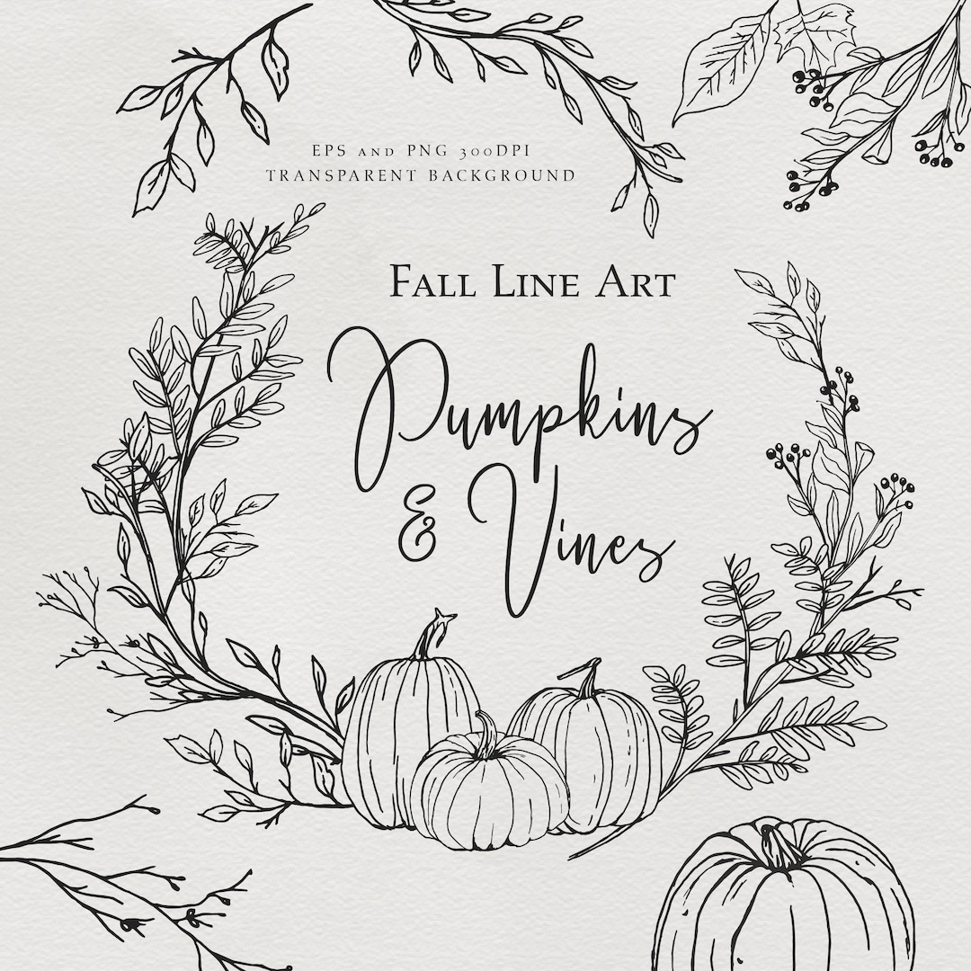 Fall Clipart Pumpkin Line Art Autumn Clipart Hand Drawn - Etsy