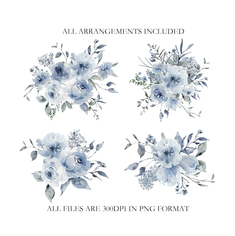 Dusty Blue Watercolor Florals, Baby Blue Watercolor Flowers Individual ...