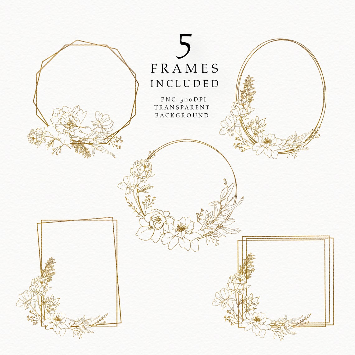 Gold Frame Floral Clipart Peony Gold Frames With Gold Flowers - Etsy