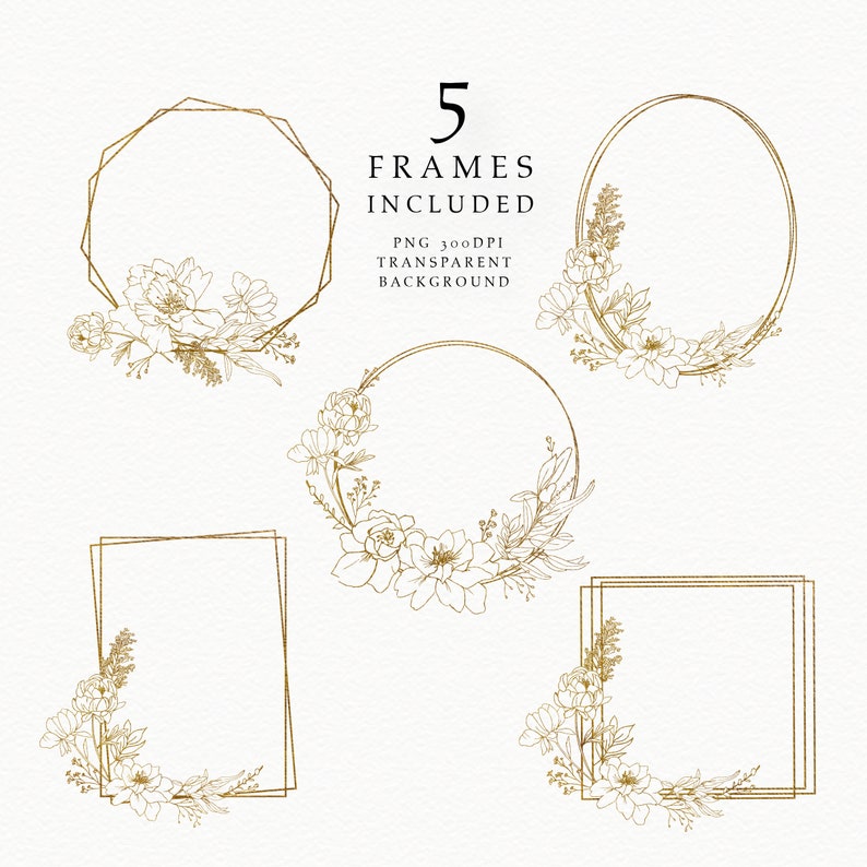Gold Frame Floral Clipart Peony Gold Frames With Gold Flowers - Etsy