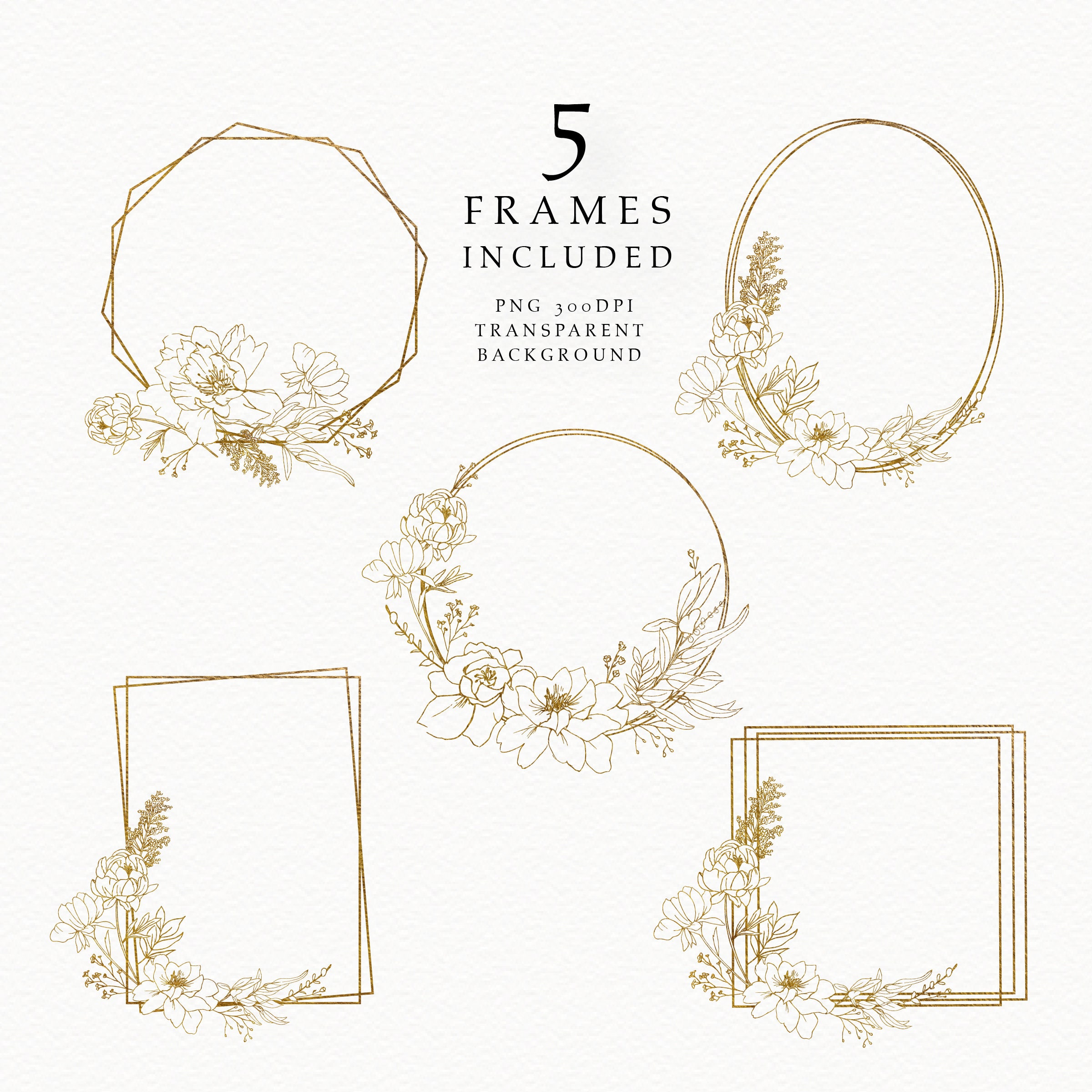 Gold Frame Floral Clipart, Peony Gold Frames With Gold Flowers Organic ...
