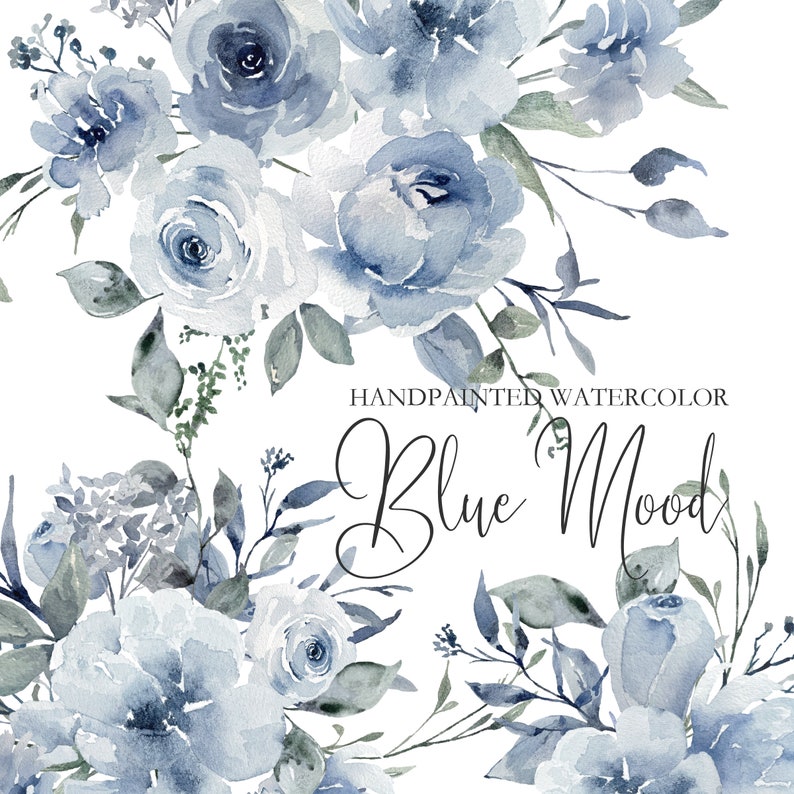 Dusty Blue Watercolor Florals, Baby Blue Watercolor Flowers Individual ...