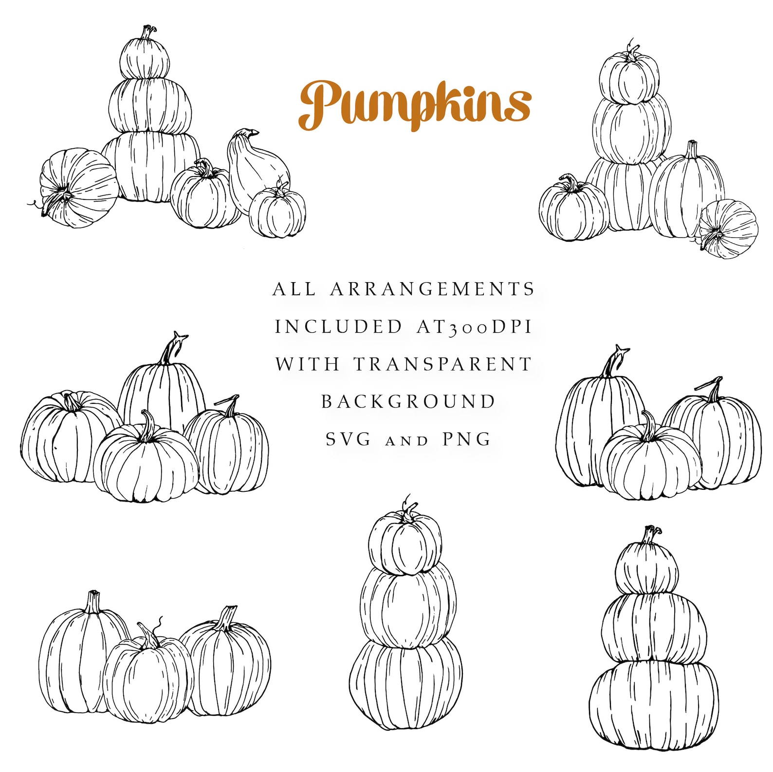 Fall Clipart, Pumpkin Line Art, Autumn Clipart, Hand Drawn Pumpkins and ...