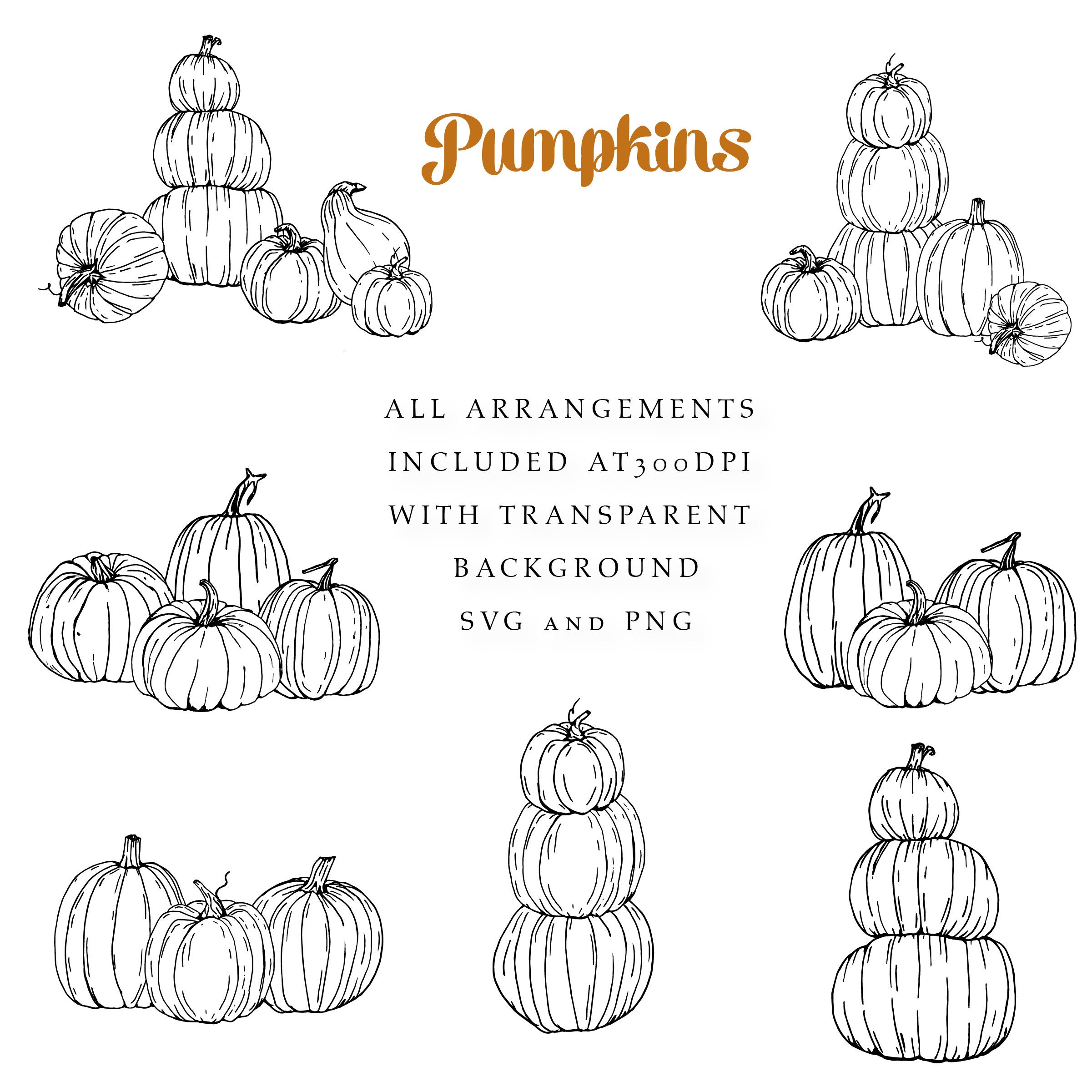 Fall Clipart, Pumpkin Line Art, Autumn Clipart, Hand Drawn Pumpkins and ...