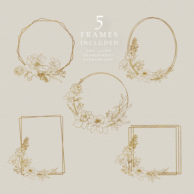 Gold Frame Floral Clipart Peony Gold Frames With Gold Flowers - Etsy