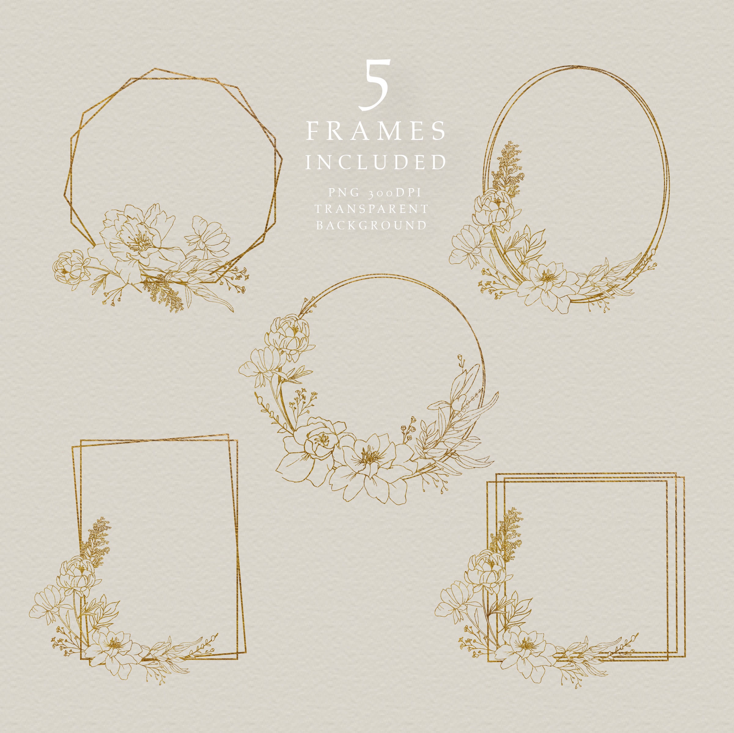 Gold Frame Floral Clipart, Peony Gold Frames With Gold Flowers Organic ...