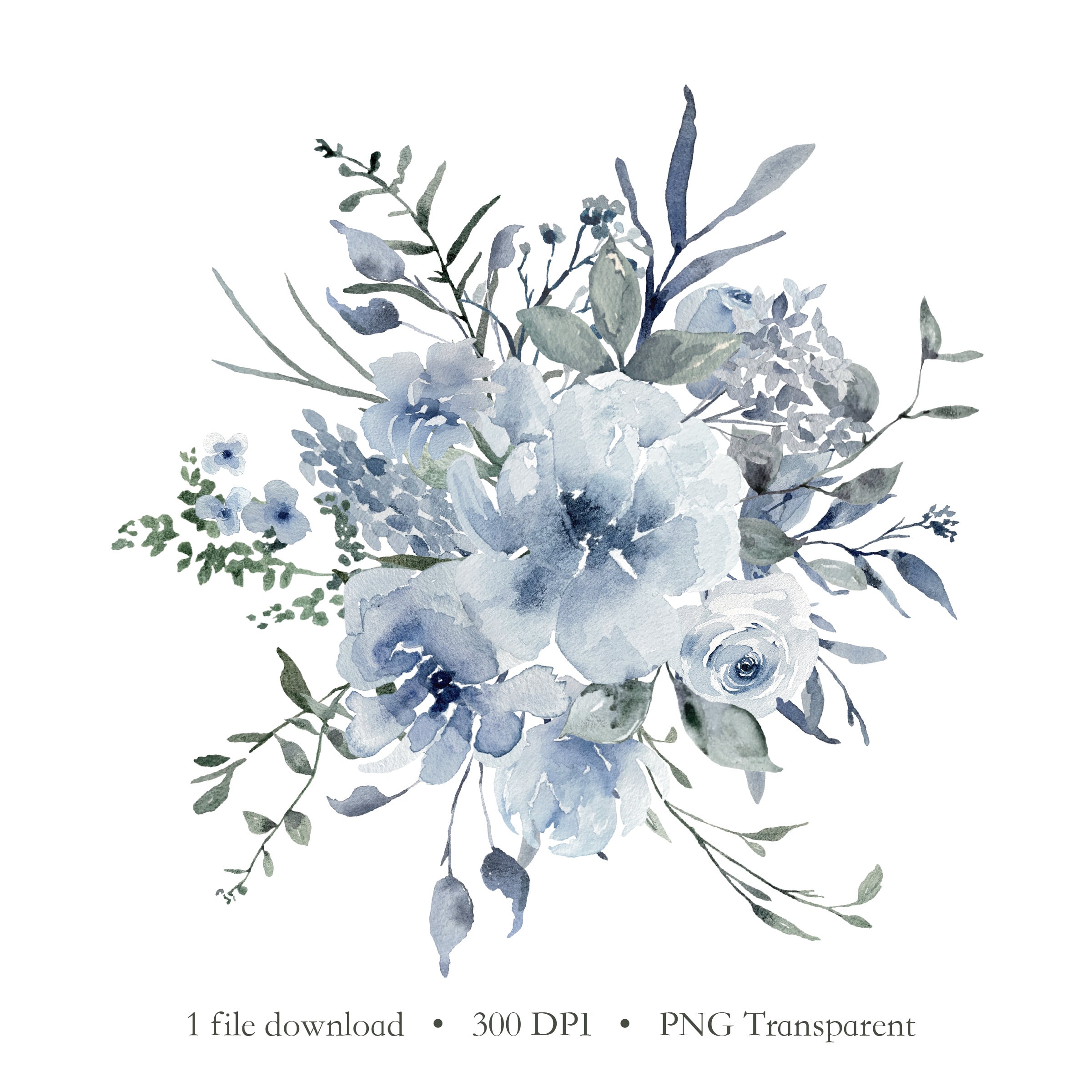 Dusty Blue Floral Watercolor, Baby Blue Lilacs, Roses Watercolor Hand ...