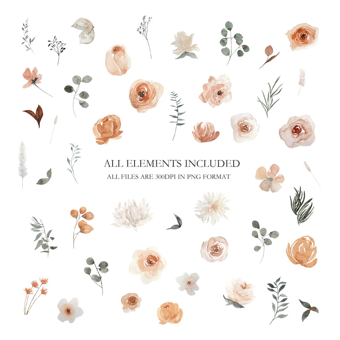 Boho Rust Orange Watercolor Flowers Hand Painted Watercolor Copper ...