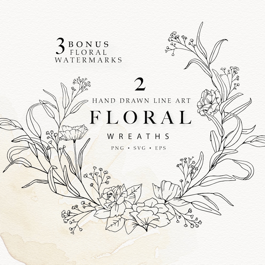 Floral Line Art Wreaths, Eucalyptus Line Art Wreaths, Botanical Line ...