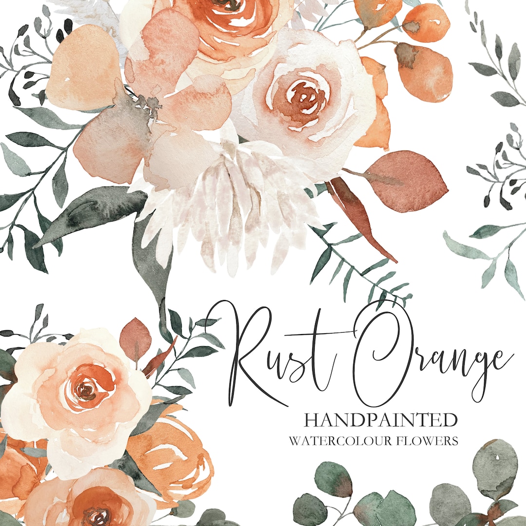 Boho Rust Orange Watercolor Flowers Hand Painted Watercolor Copper ...