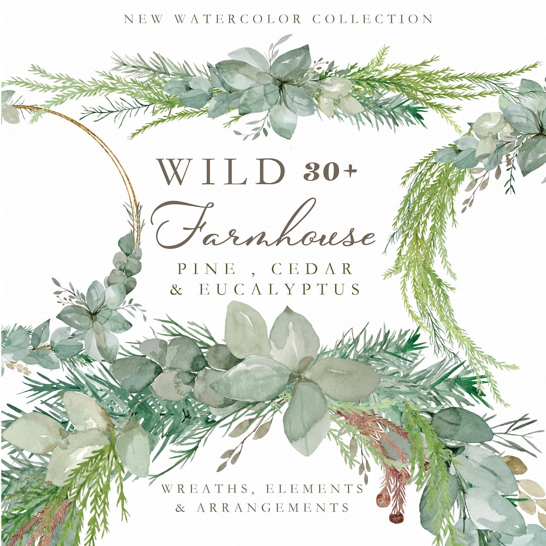 Watercolor Farmhouse Greenery Clip Art, Watercolor Eucalyptus Wreath ...