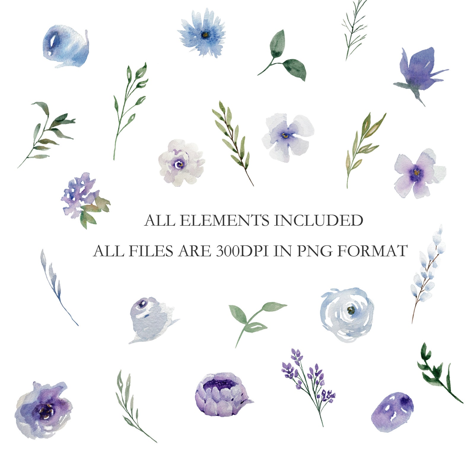 Purple and Blue Watercolor Wild Flowers, Lilacs Roses Daisies Png Clip ...