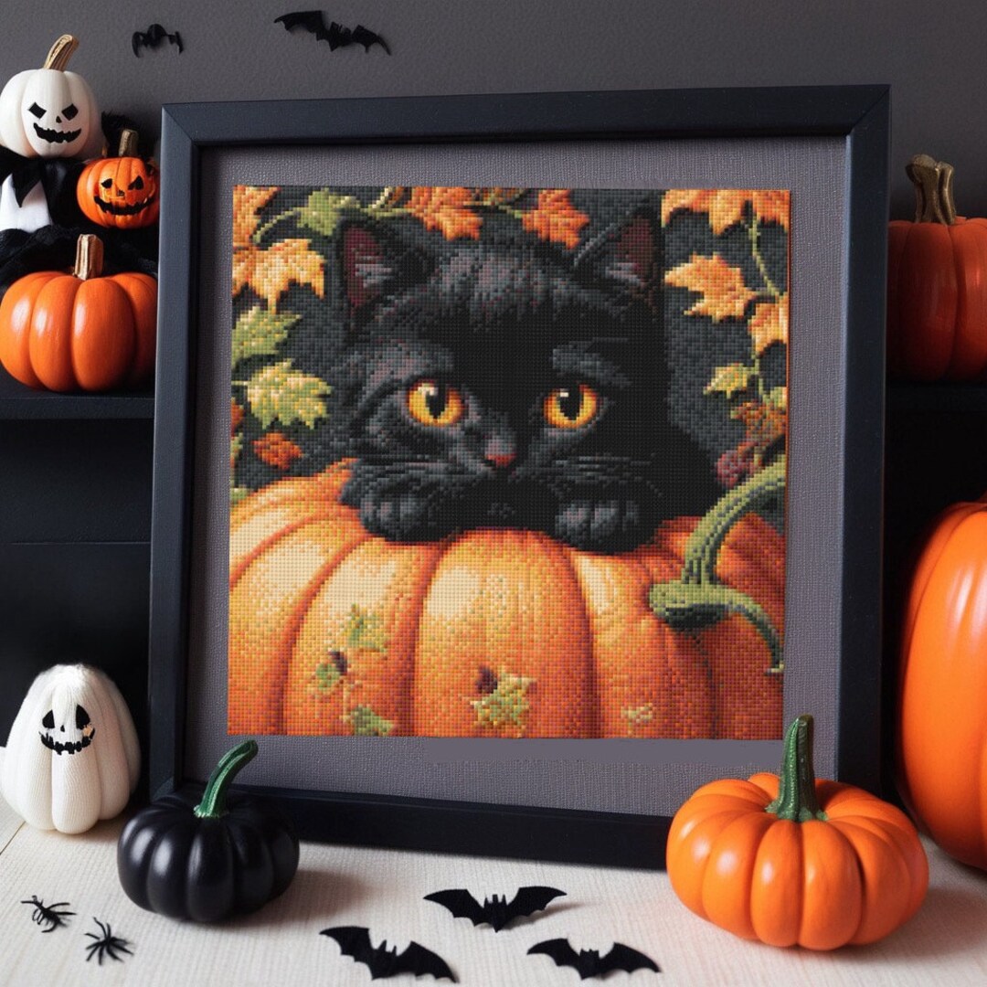 Halloween Cat Cross Stitch, Pattern PDF, Pumpkin Cat Cross Stitch ...