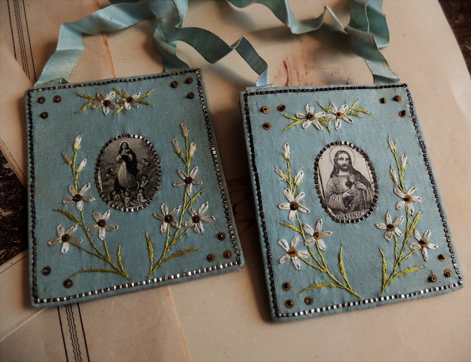 Very Antique Embroidery Scapular/ Spanish Religious Art/ - Etsy