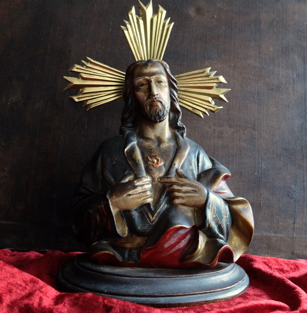Antique Sacred Heart Bust/ Spanish Religious Art/ Large Halo/ Religious ...