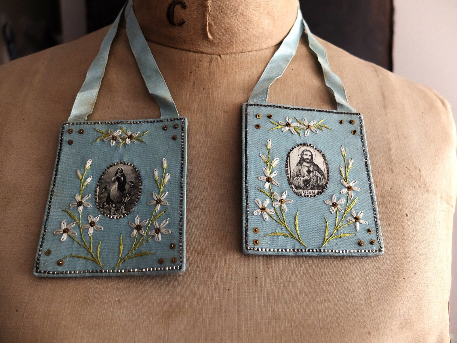 Very Antique Embroidery Scapular/ Spanish Religious Art/ - Etsy