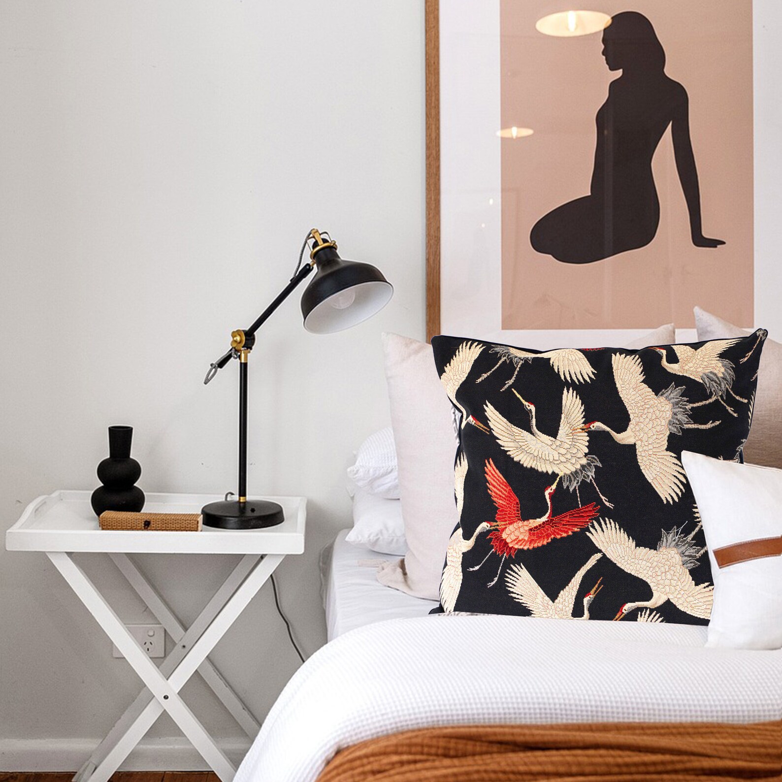 Japandi Pillowcase With Crane L Japanese Cushion Cover L White and ...