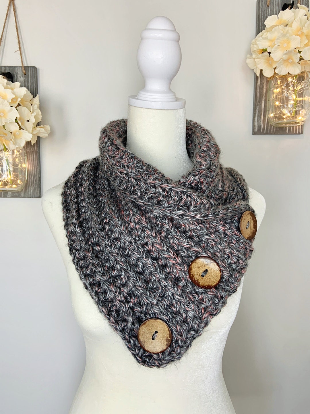 Chunky Knit Button Cowl Scarf: Heathered Grey Crochet Neck Warmer - Etsy