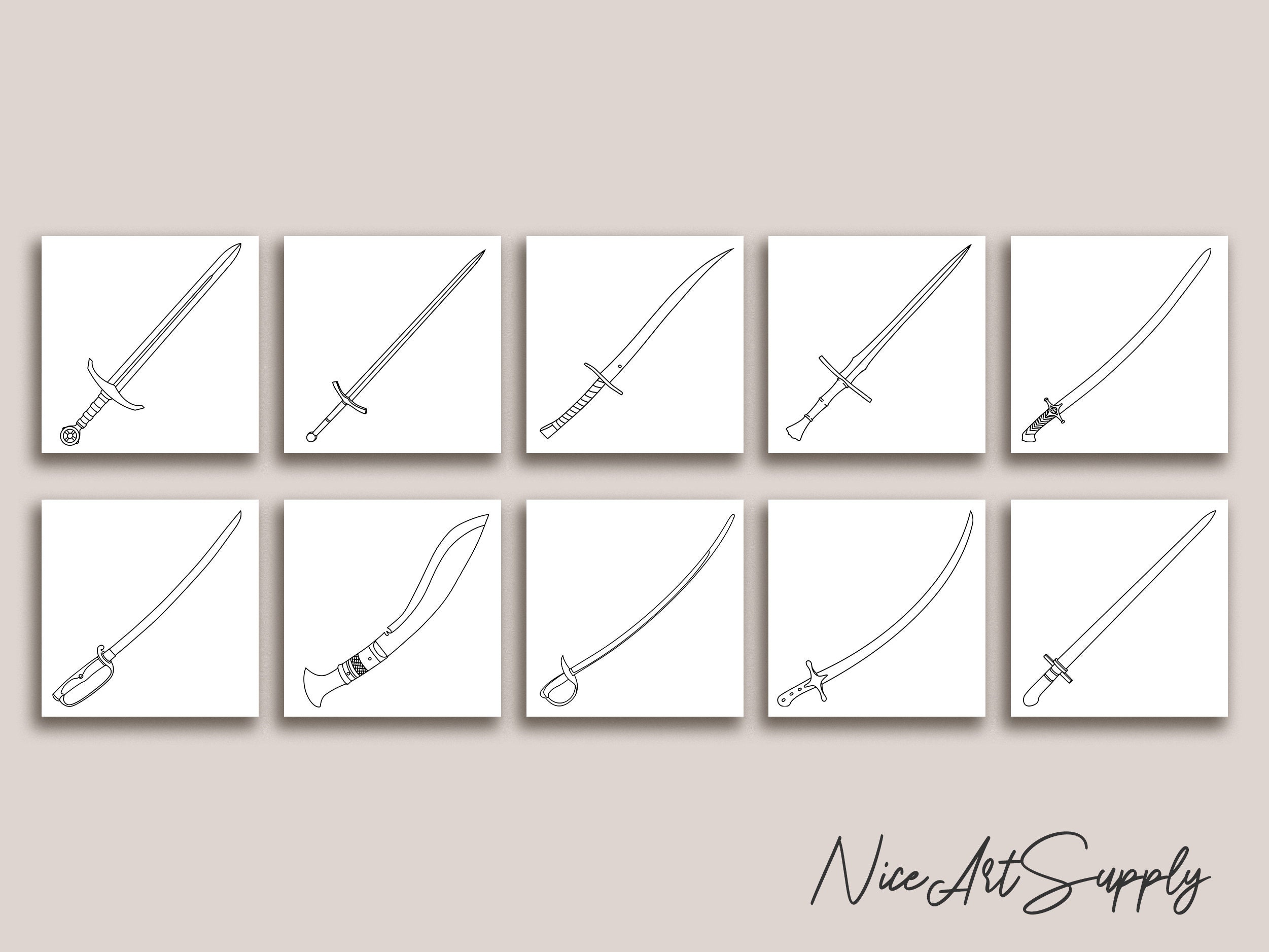 Sword Line Art Vector Silhouette Outline Icon Set Hand Drawn Swords ...