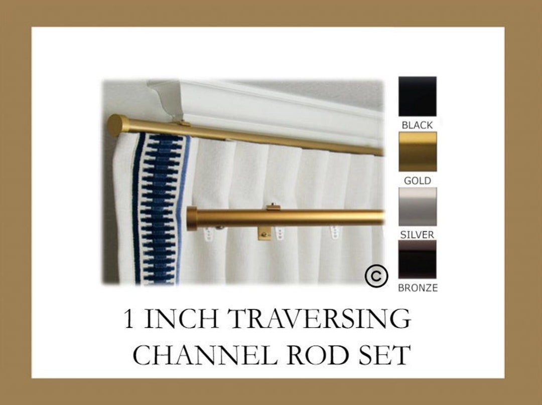 Traversing Channel Track 1 Inch Round Drapery Rod Set- Includes Curtain ...