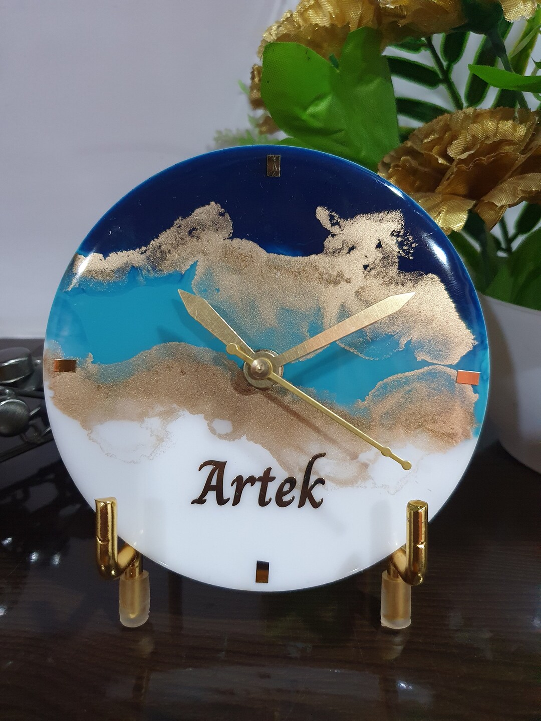 Handmade Epoxy Resin Unique Clock With Metal Stand, Desk Clock, Office ...
