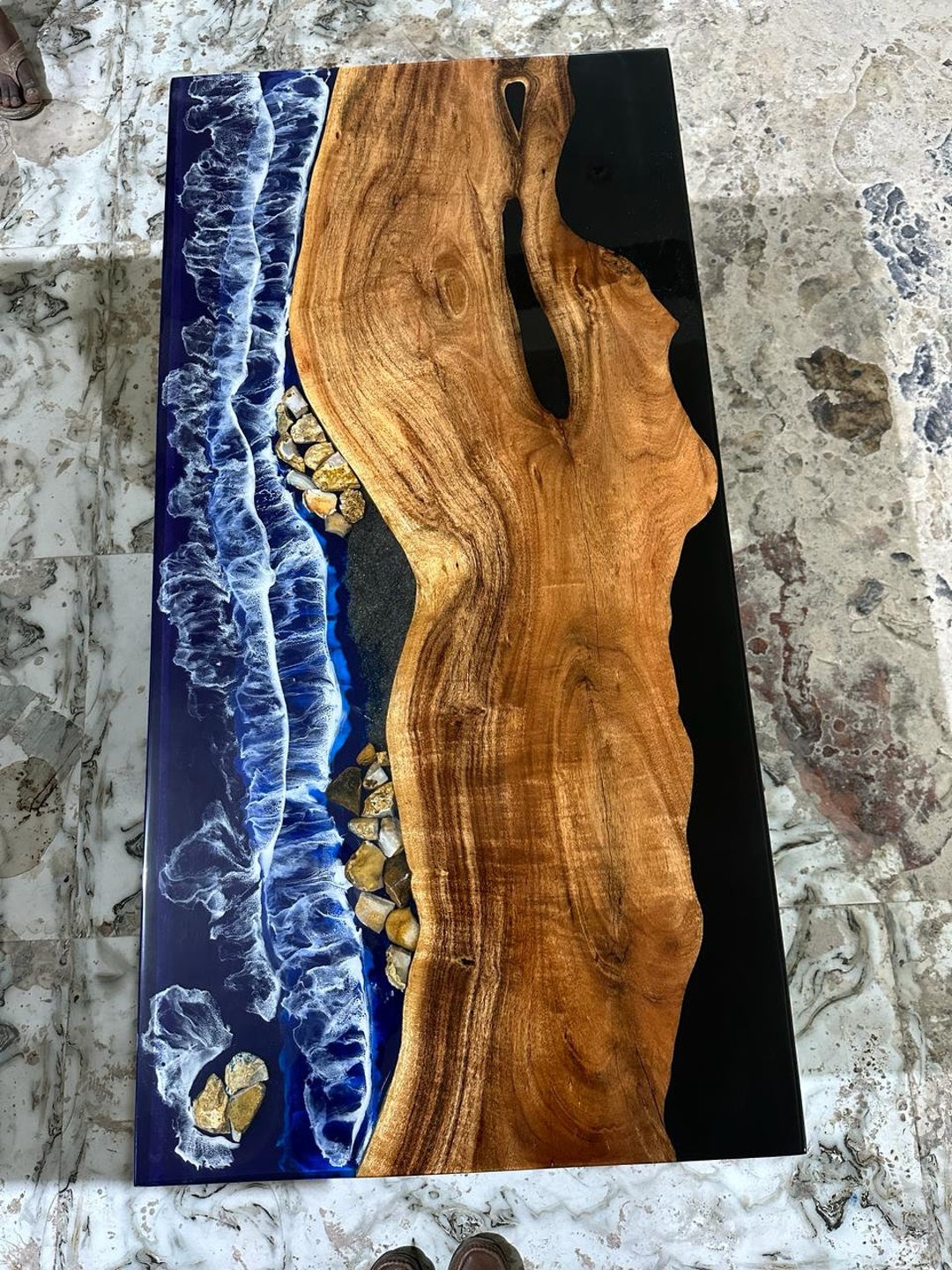 Custom Epoxy Table Walnut Wood Deep Ocean Sea and Waves Dining Table ...