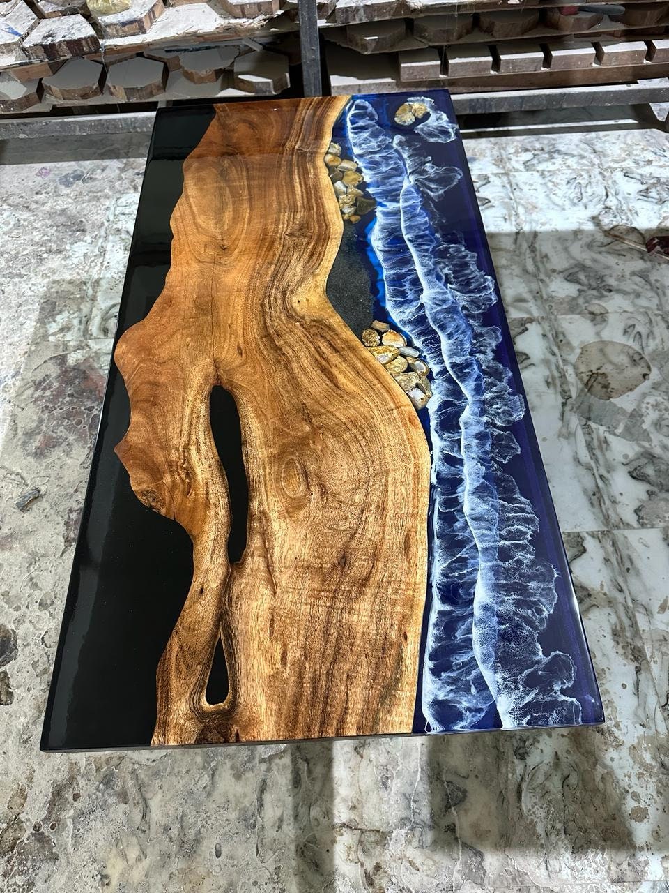 Custom Epoxy Table Walnut Wood Deep Ocean Sea and Waves Dining Table ...